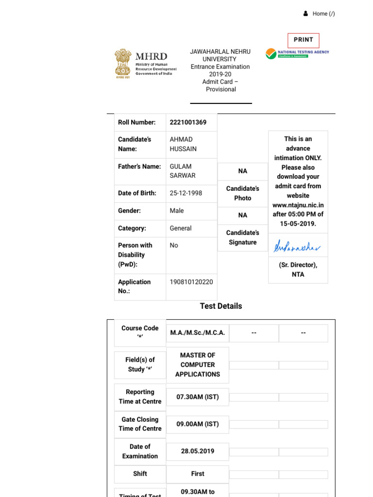 jnu admit card | PDF | Identity Document | Authentication
