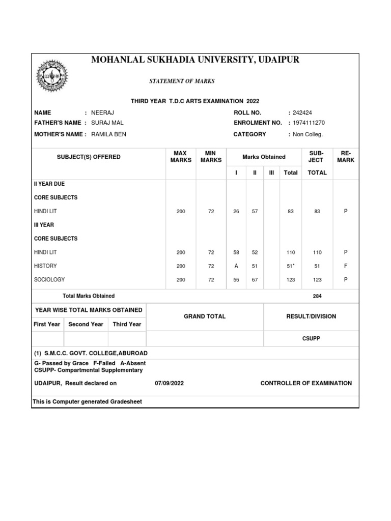 Mohanlal Sukhadia University, Udaipur: Statement of Marks | PDF