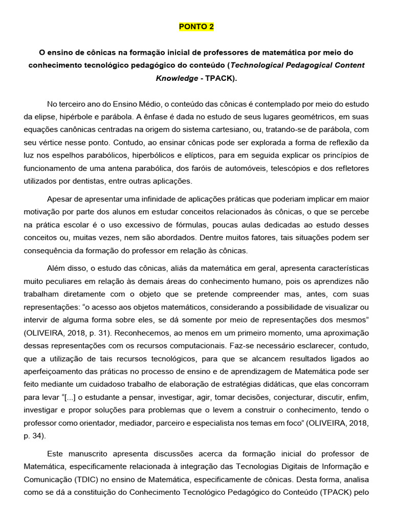 Ponto 2 - TPACK - Formação Inicial - Cônicas | PDF | Pedagogia ...