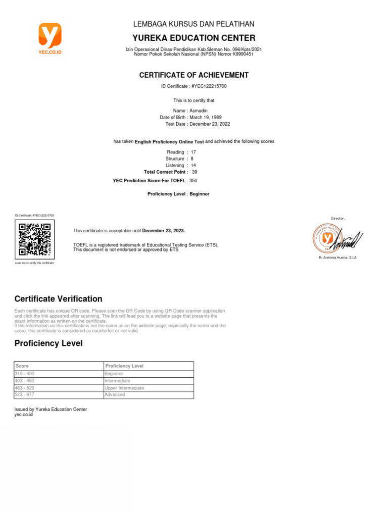Toefl Certificate | Download Free PDF | Test Of English As A Foreign ...