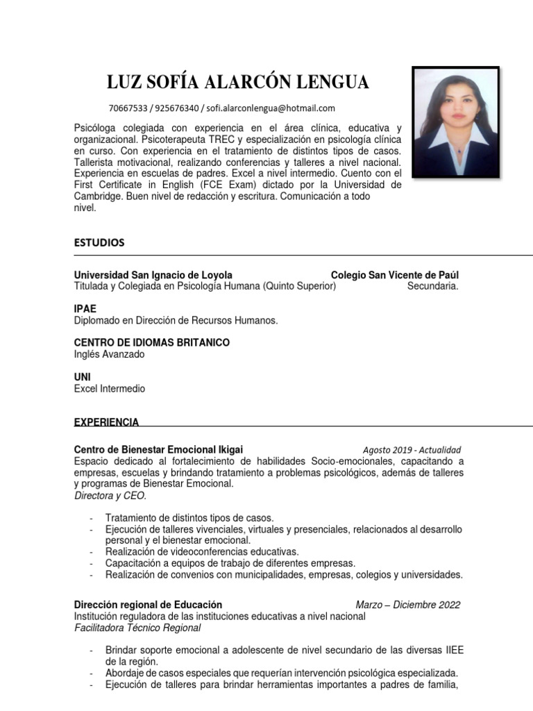 CV Psicologa Sofia Alarcon Actual | PDF | Sicología | Business