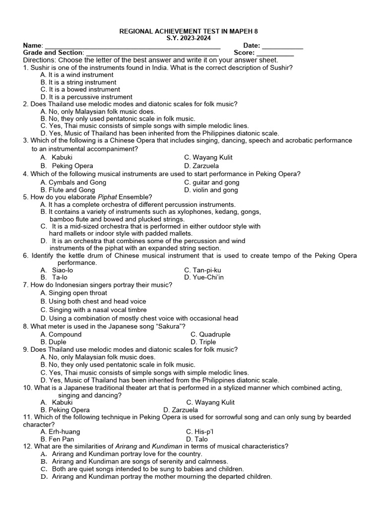 RAT_MAPEH_Grade-8 | PDF | Musical Instruments | Intimate Relationships