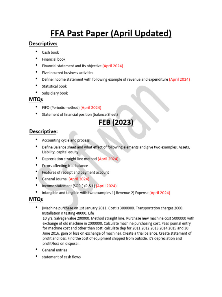 FFA Past Papers (Apr Updated) | PDF | Depreciation | Income Statement
