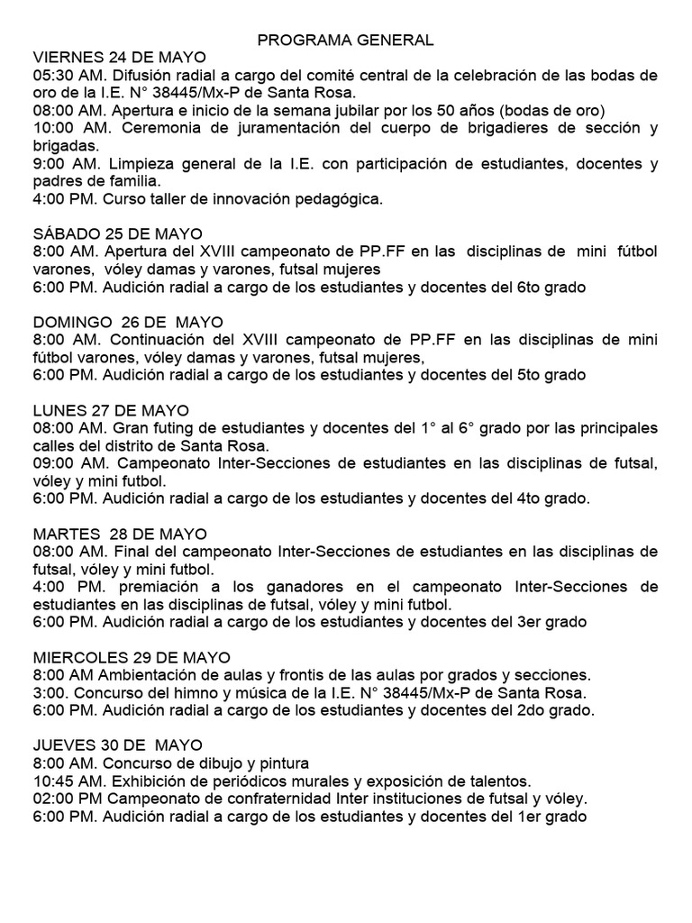 Programa General Bodas de Oro | PDF | Observancias