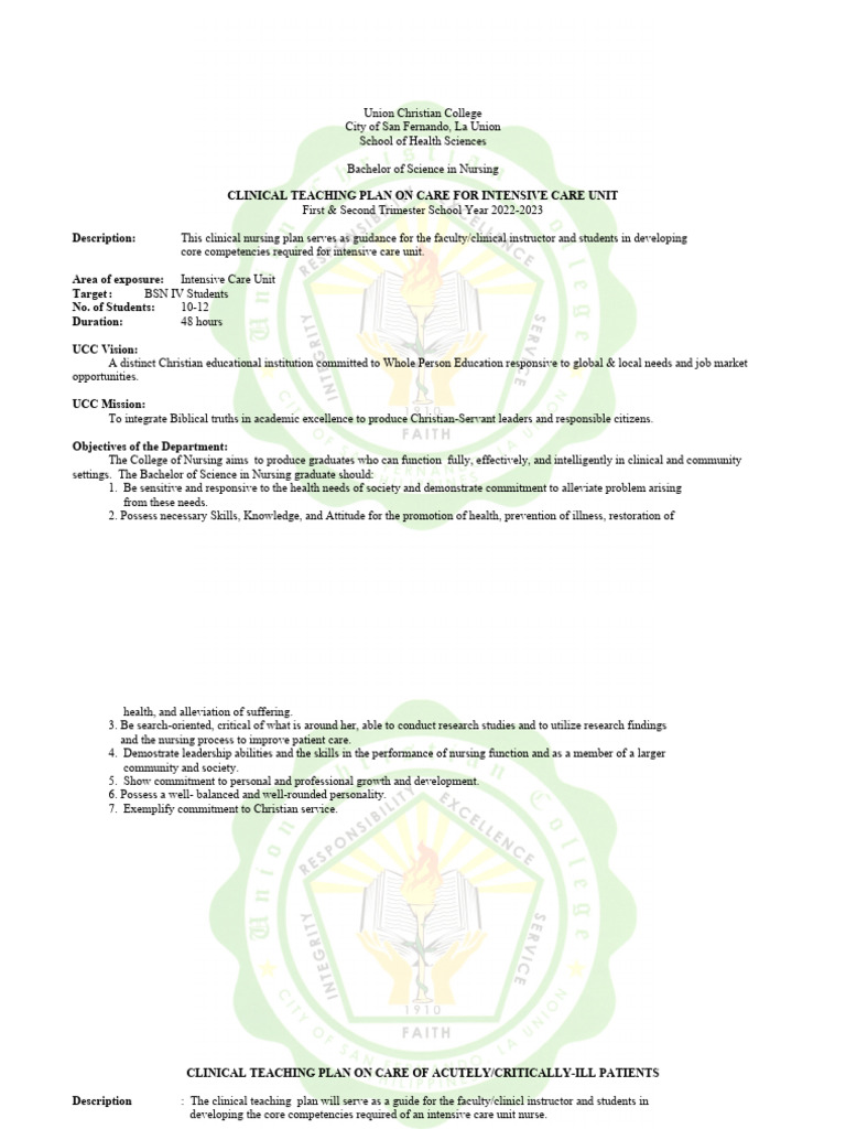 Clinical Teaching Plan for ICU Nursing | PDF | Nursing | Intensive Care ...