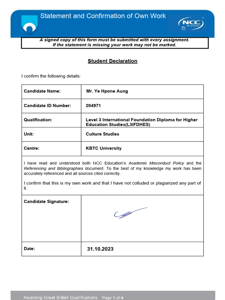 Statement and Confirmation of Own Work: Student Declaration | PDF