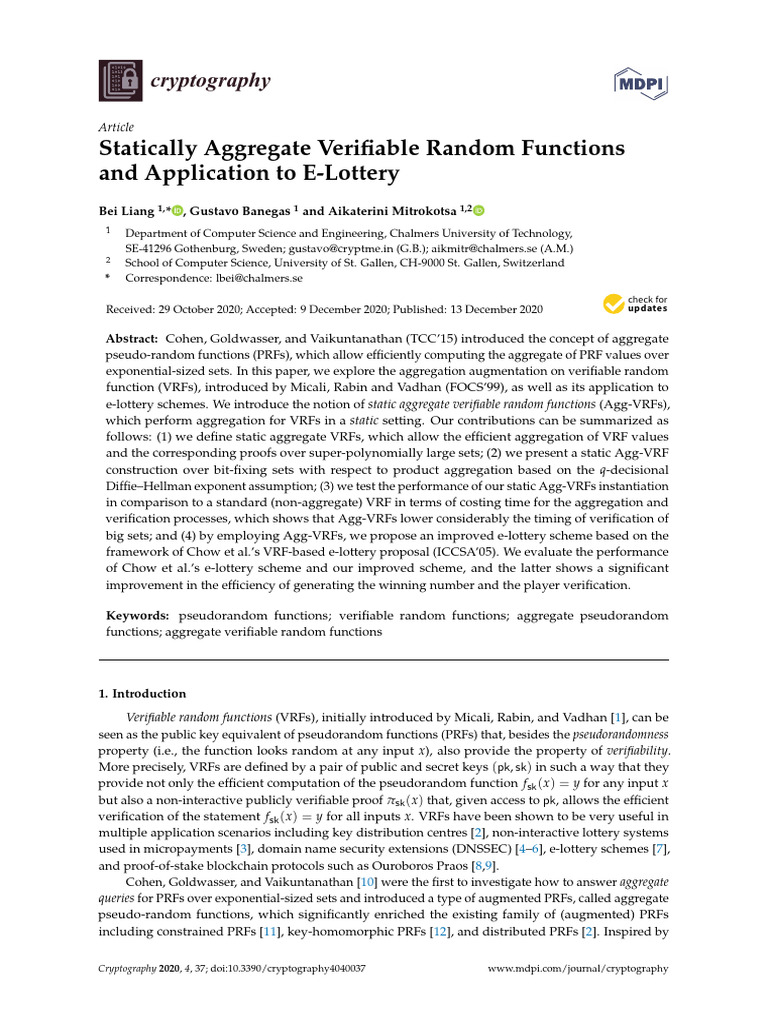 Statically Aggregate Verifiable Random Functions and Application To E-Lottery | PDF | Function ...