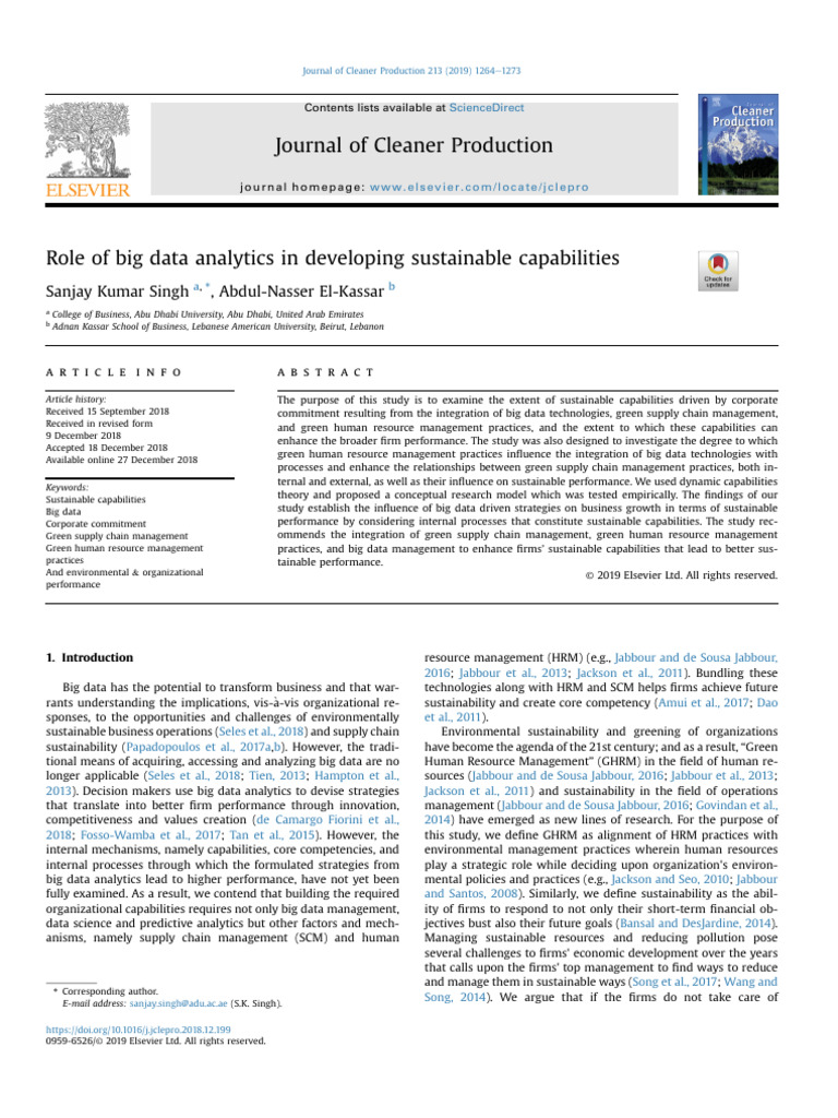 Role of big data analytics in developing sustainable capabilities | PDF | Supply Chain ...