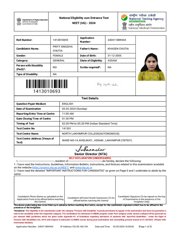 NEET 2024 Admit Card Details | PDF | Identity Document