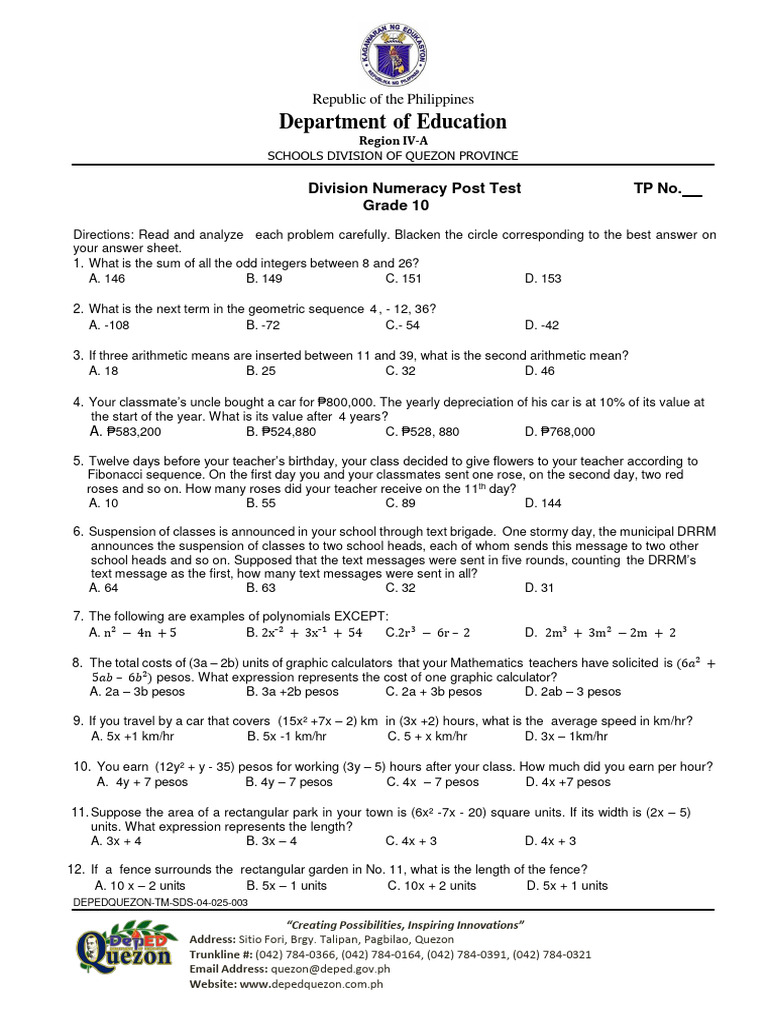 Grade 10 Division Numeracy Post Test 2024 | PDF | Circle ...