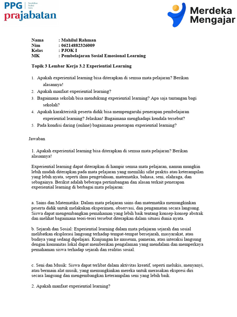 Topik 3 Lembar Kerja 3.2 Experiential Learning | PDF | Karier & Perkembangan | Ilmu Sosial