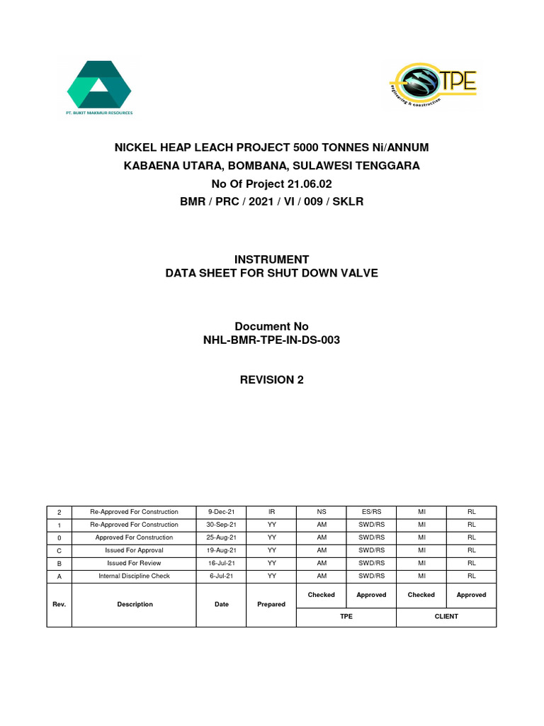 NHL-BMR-TPE-IN-DS-003 Rev2 DS SDV | PDF | Valve | Plumbing