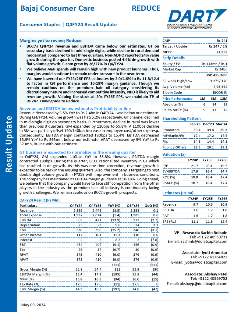 Dolat Analysis Sees 2% UPSIDE in Bajaj Consumer Care Margins Yet | PDF | Expense | Debt