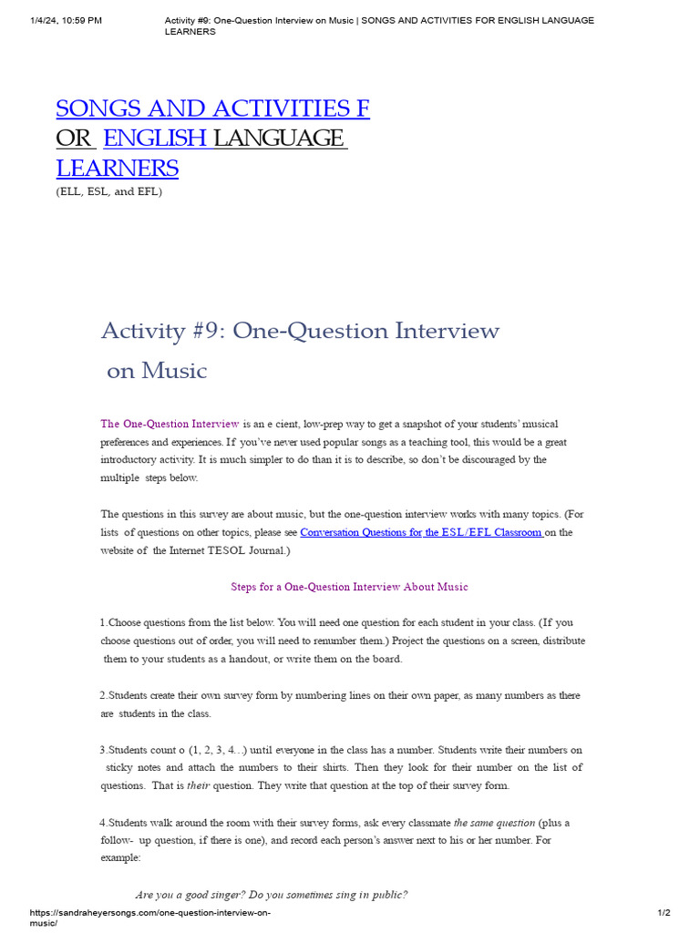Activity #9 - One-Question Interview On Music - Songs and Activities ...