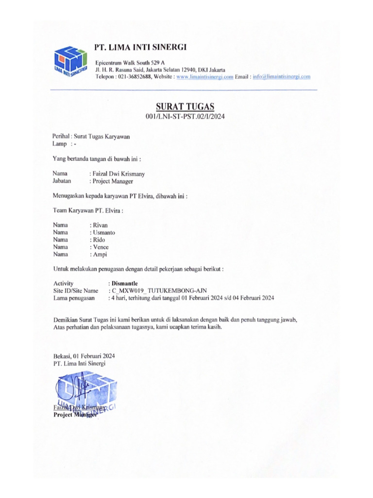 Surat Tugas PT. LIMA INTI SINERGI Site TUTUKEMBONG | PDF