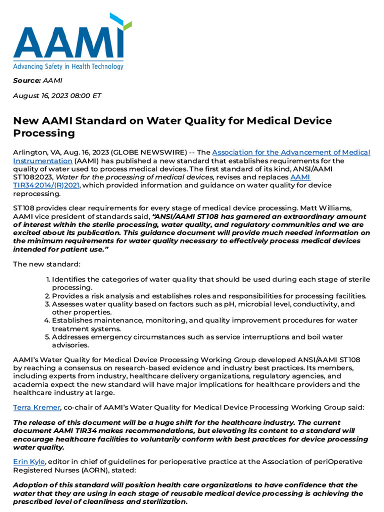 New Aami Standard On Water Quality For Medical | PDF | Medical Device ...