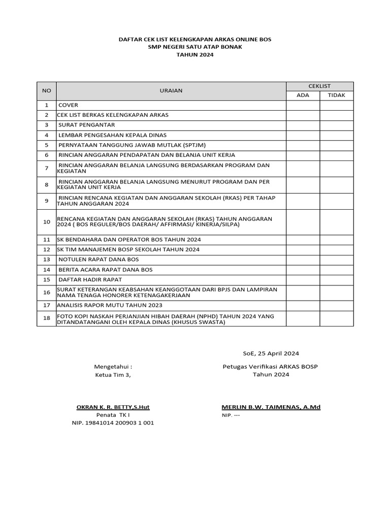 Cek List ARKAS Online BOS 2024 | PDF | Bisnis | Pengelolaan Keuangan & Uang