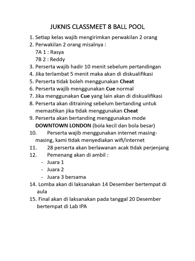 Juknis Lomba Classmeet 8 Ball Pool | PDF