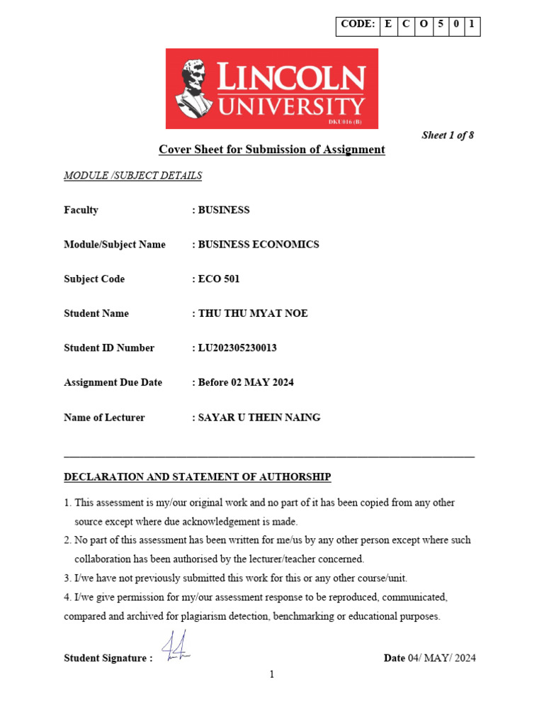 MBA - Eco Individual Assignment 2 by Thu Thu Myat Noe | PDF | Long Run ...