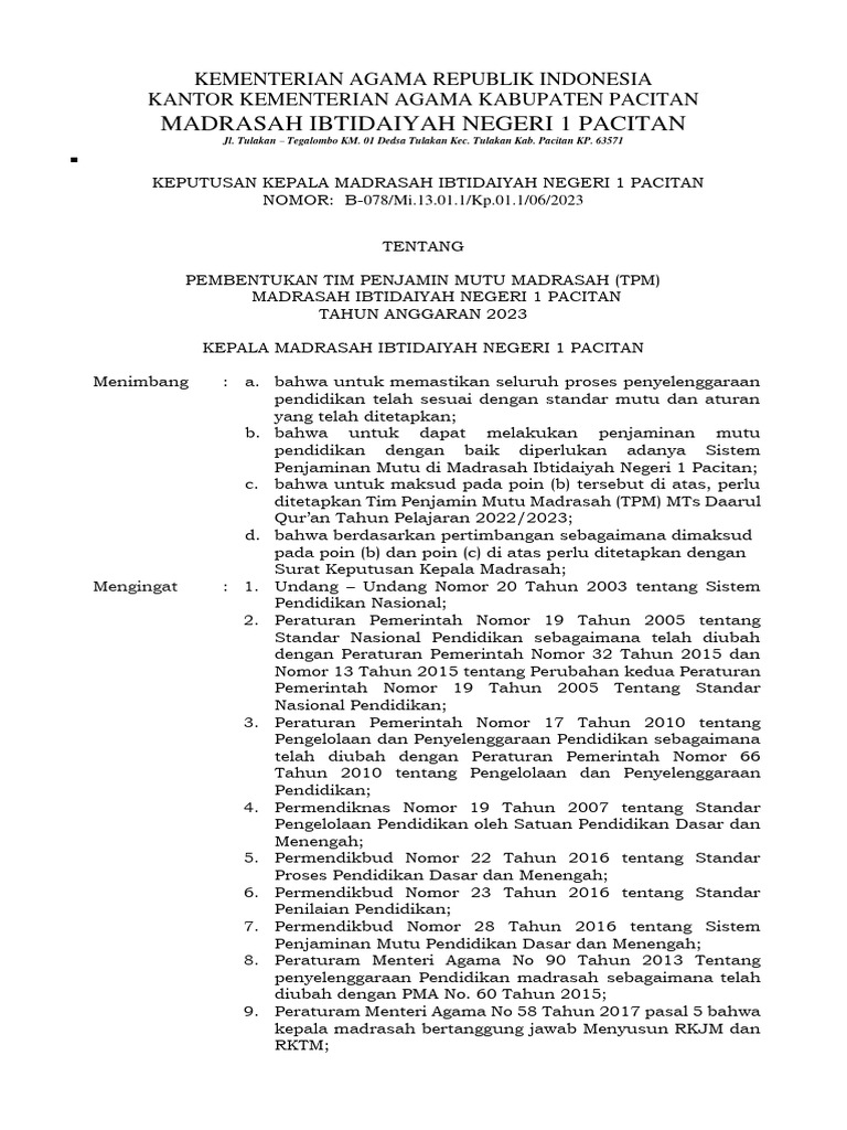 SK Tim Penjamin Mutu Madrasah (TPM) 2023 | PDF