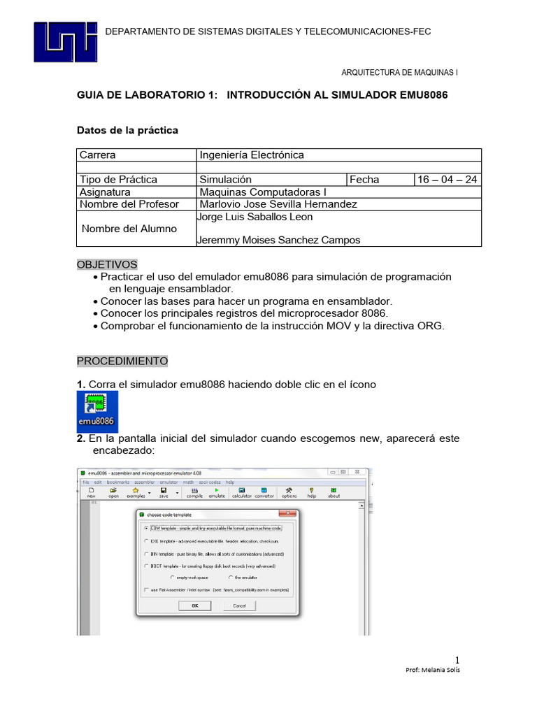 Guía de Simulación en emu8086 | PDF | Lenguaje ensamblador | Programa de computadora
