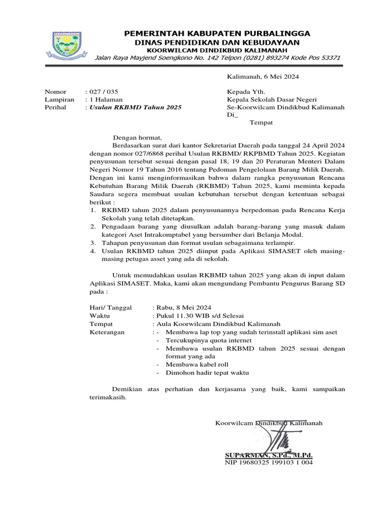 Surat - Usulan RKBMD Tahun 2025 | PDF