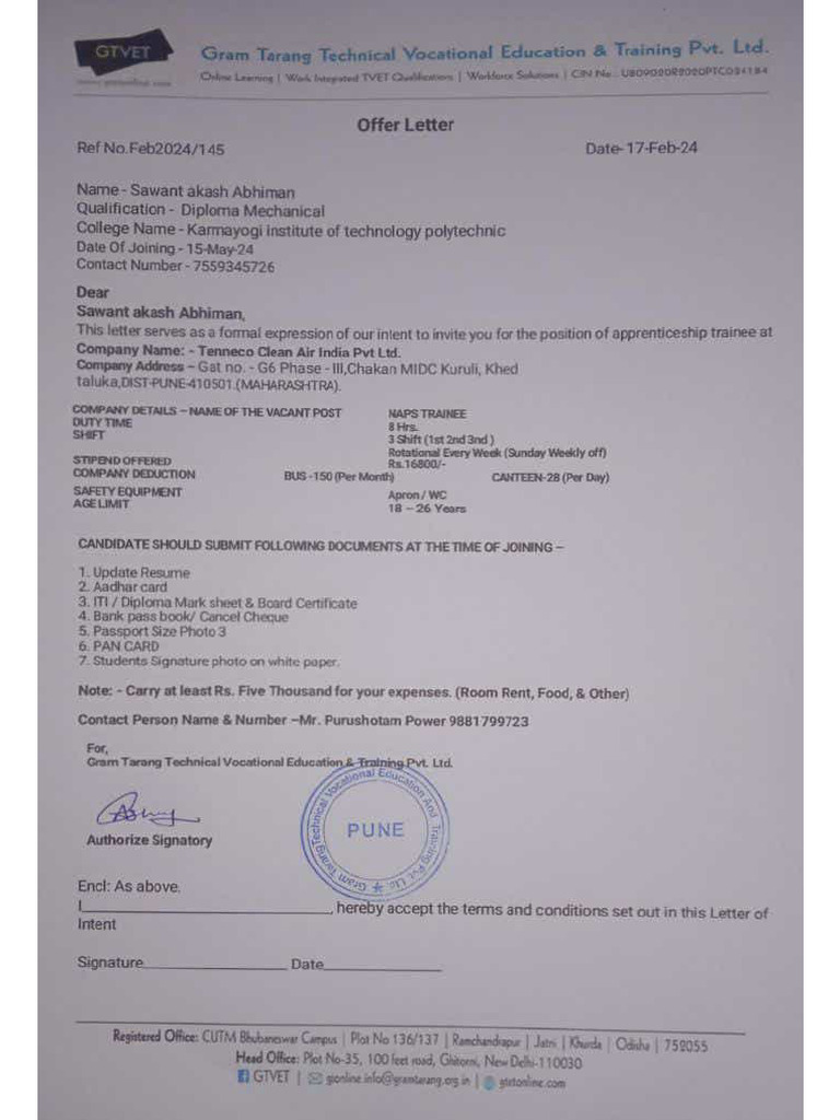 Tenneco PVT LTD Offer Letter | PDF