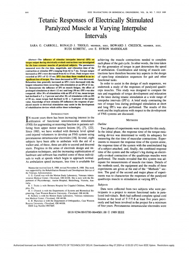Tetanic Responses of Electrically Stimulated Paralyzed Muscle at ...