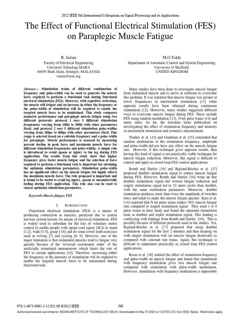 The Effect of Functional Electrical Stimulation FES On Paraplegic ...