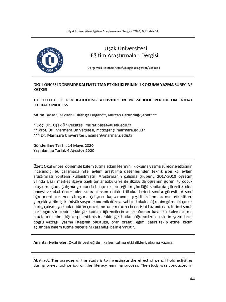 Okul - Ncesi D - Nemde Kalem Tutma Etkinliklerinin - LK Okuma Yazma S - Recine Etkisi (#737481 ...