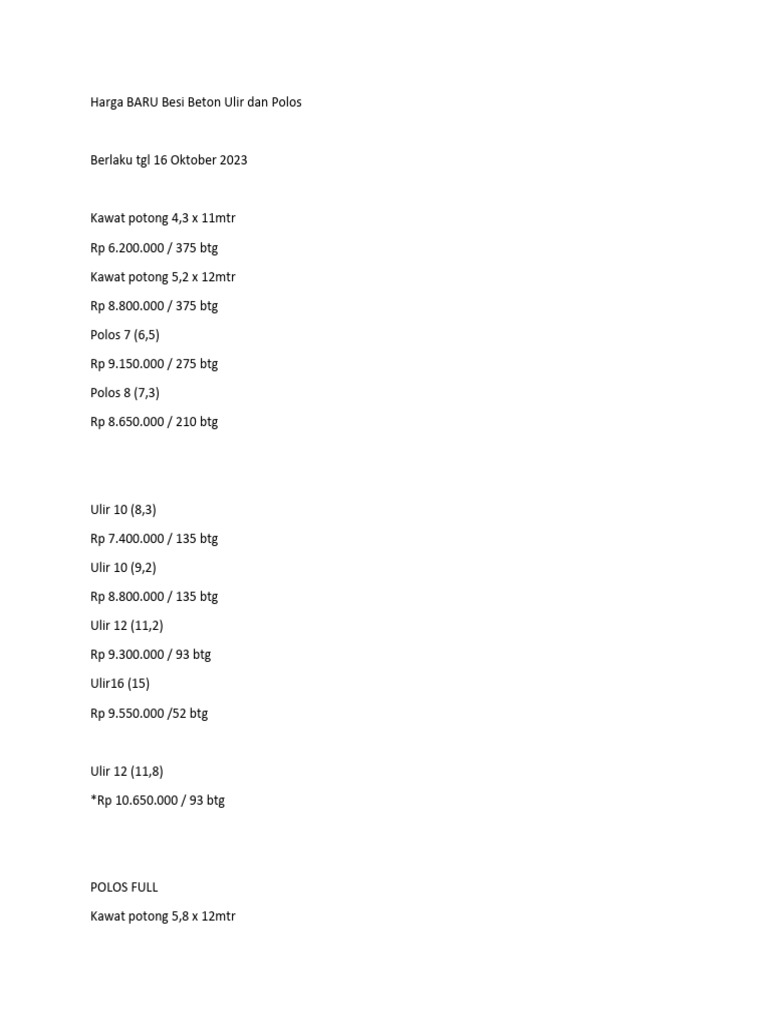 Harga BARU Besi Beton Ulir Dan Polos 2024 | PDF | Olahraga & Rekreasi | Griya & Taman