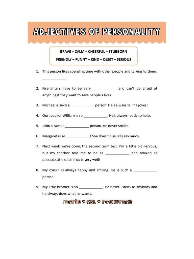 Adjectives of Personality Worksheet | PDF