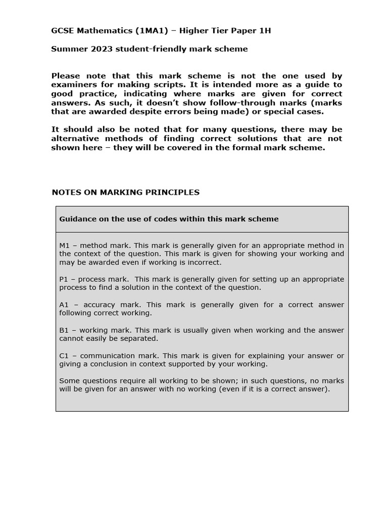 Paper 1 mark scheme | PDF | Applied Mathematics