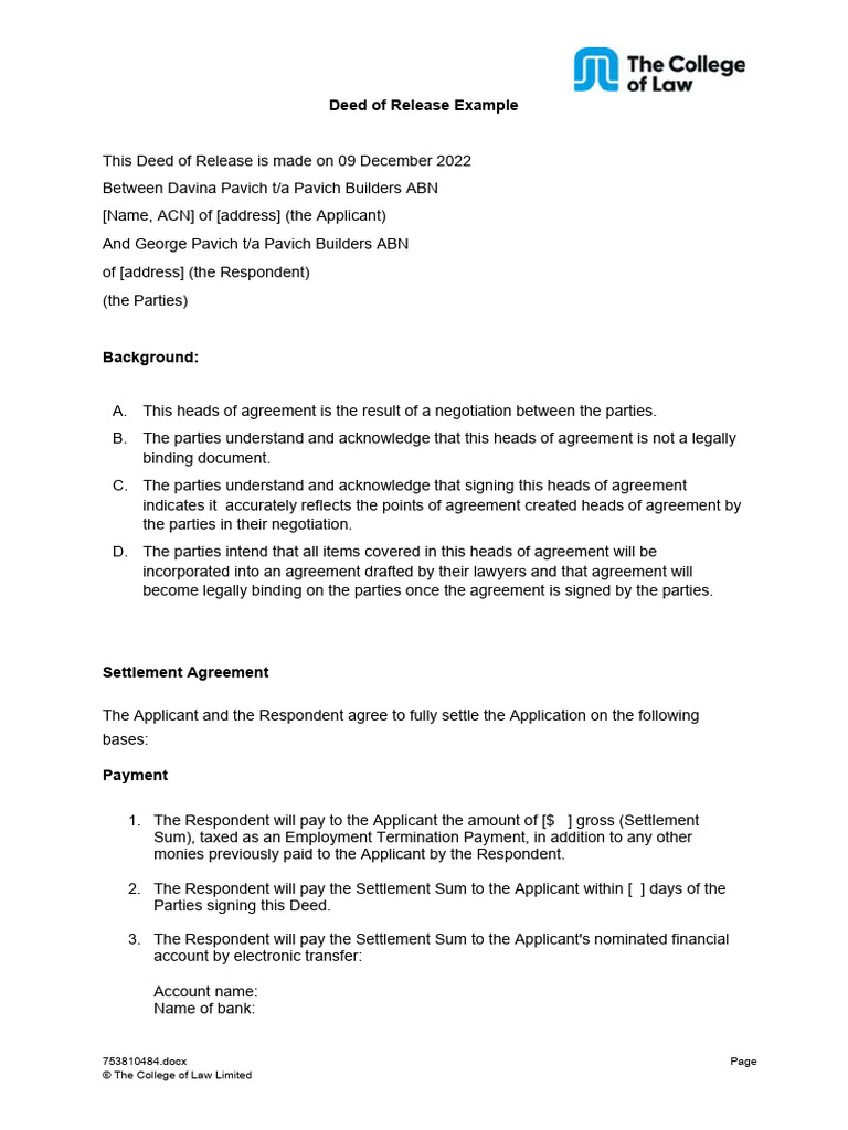 Deed of Release for Employment Settlement | PDF | Employment | Legal ...