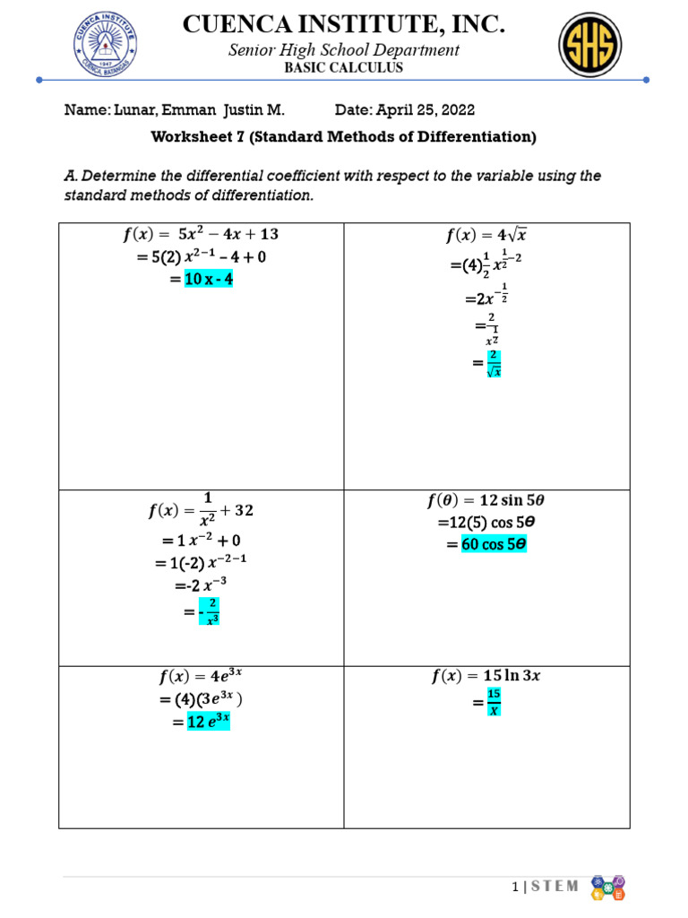 Basic Calculus Worksheets 7. | PDF | Derivative | Mathematical Analysis