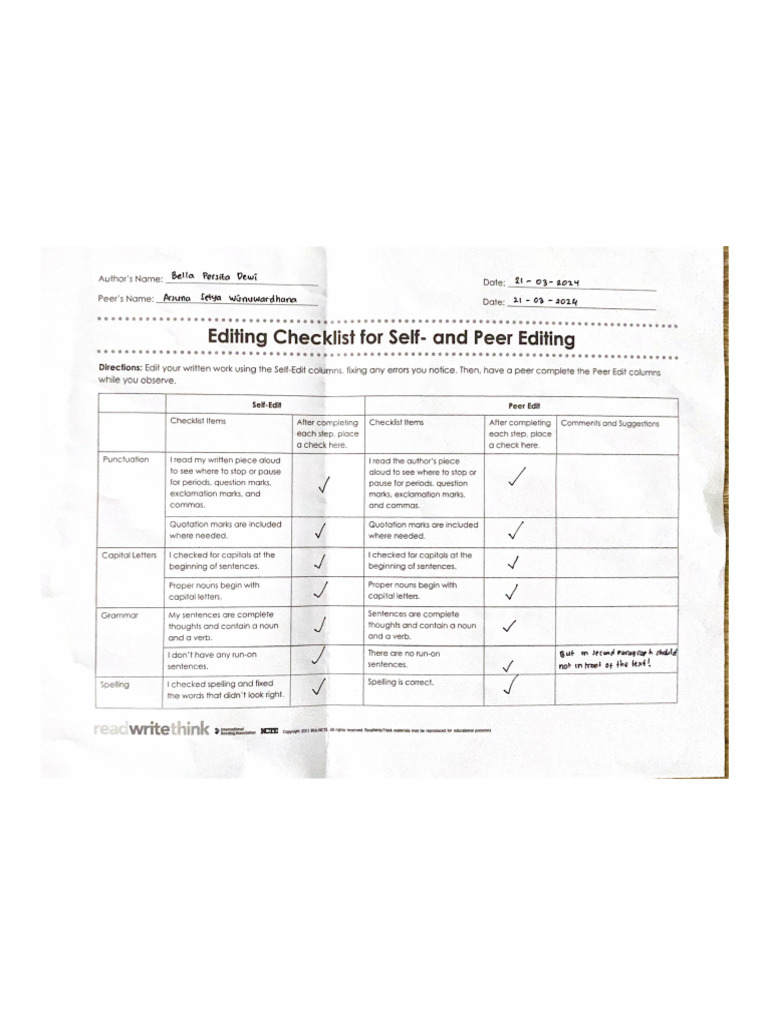 Editing Checklist for Self- And Peer Editing | PDF