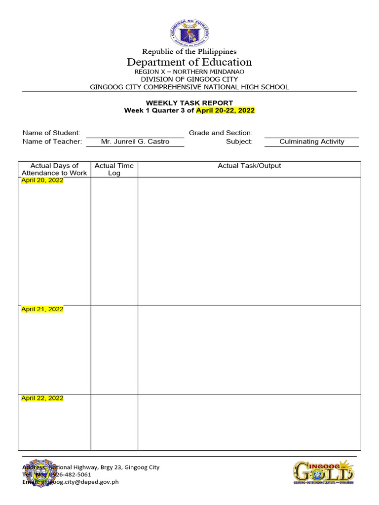Culminating Activity Weekly Task Report Template | PDF