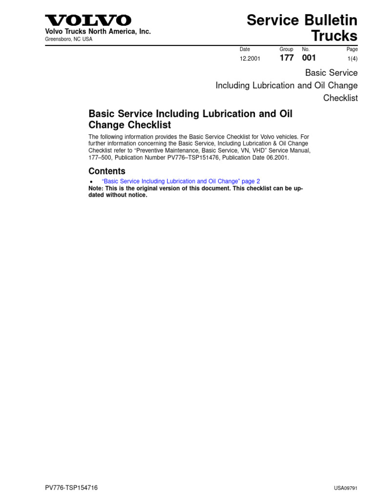 Volvo Trucks Basic Service Checklist | PDF | Axle | Truck
