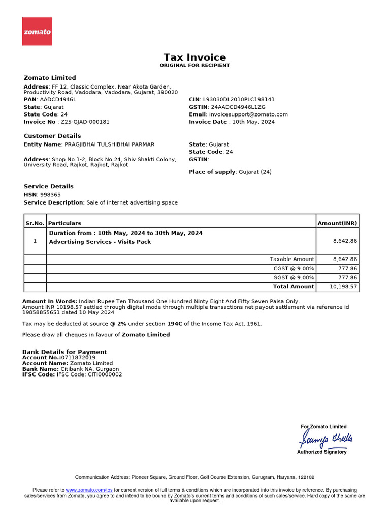 Zomato Tax Invoice for Advertising Services | PDF | Economies | Taxation
