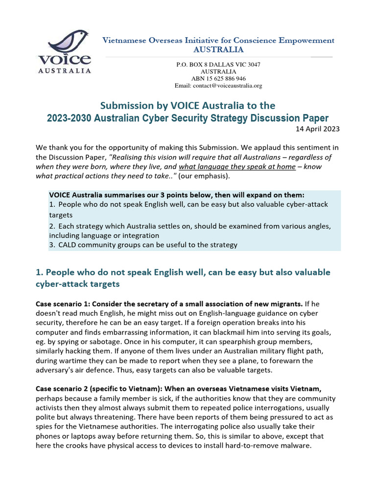 Submission by VOICE Australia - 2023-2030 - Australian - Cyber ...