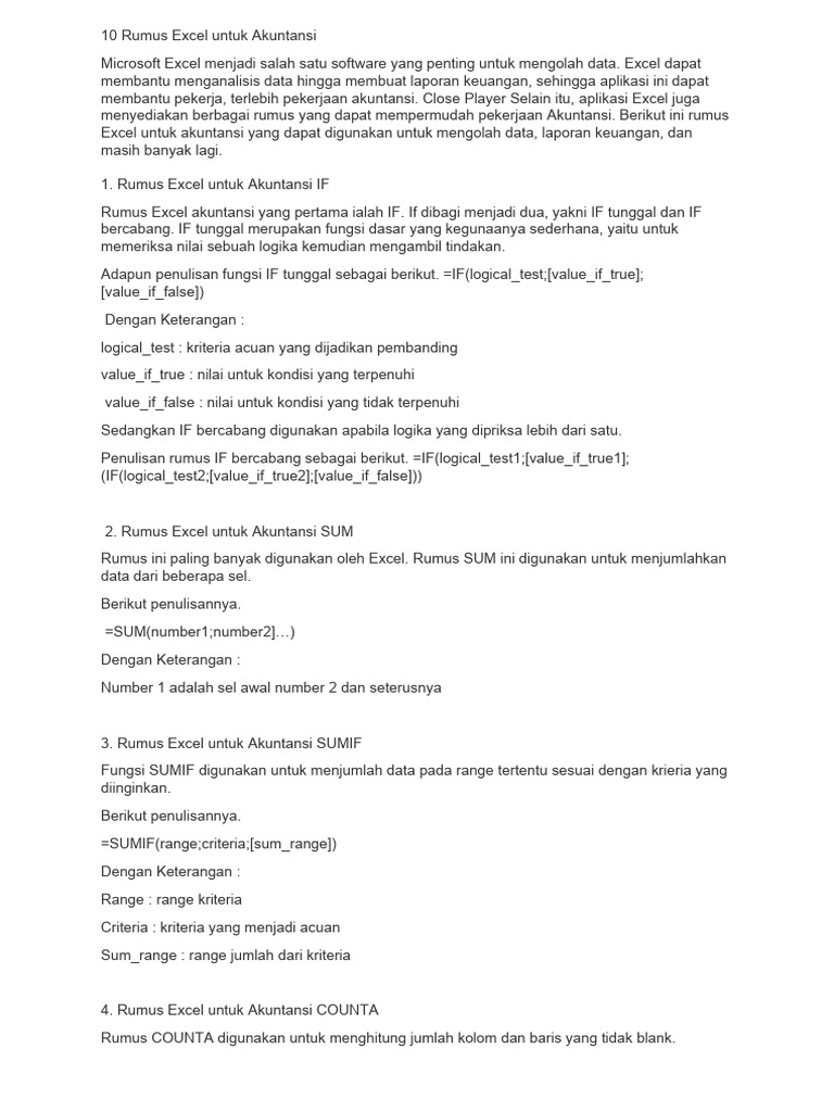 10 Rumus Excel Penting untuk Akuntansi | PDF