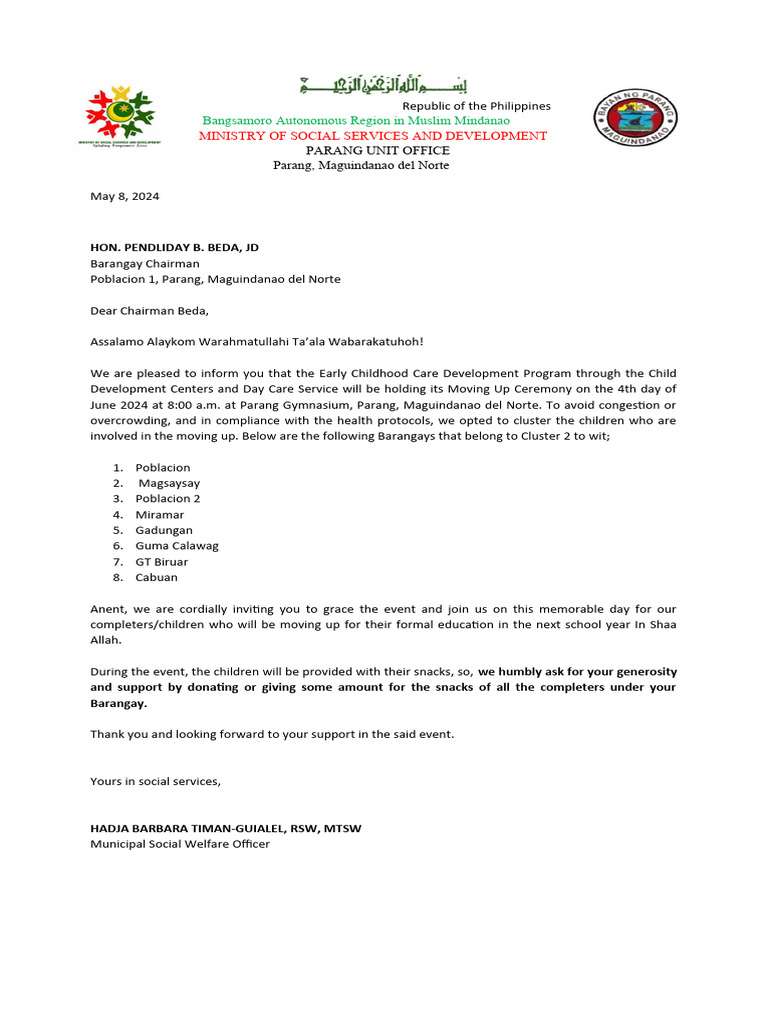 Moving Up Letter To Barangay | Download Free PDF | Mindanao | Philippines