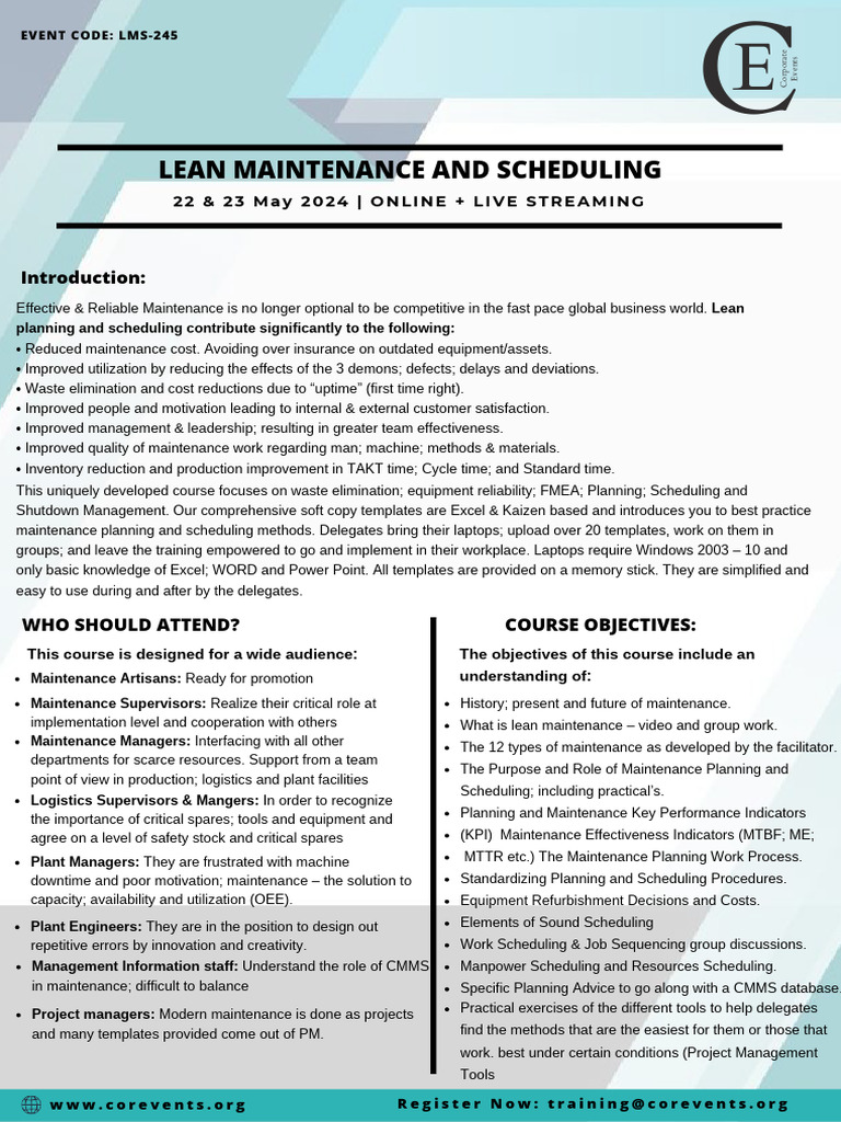 Lean Maintenance Planning, Scheduling & Shutdown Online MASTER CLASS ...