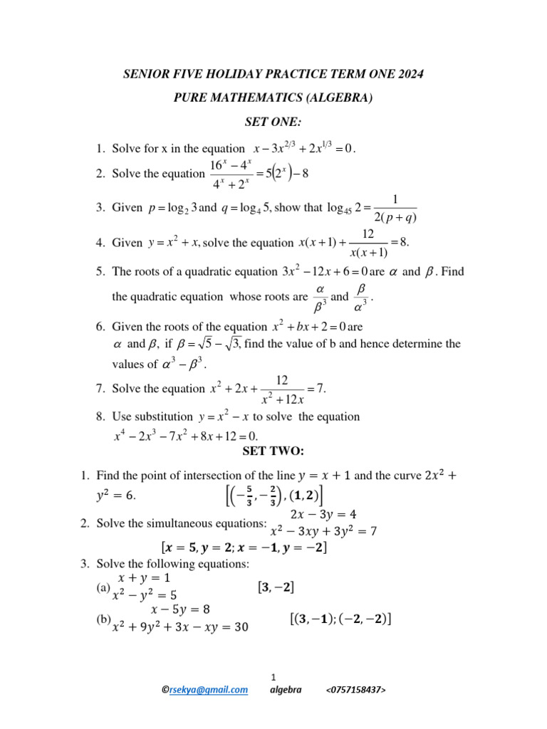 Senior Five Algebra Practice 2024 | PDF | Equations | Mathematical Analysis