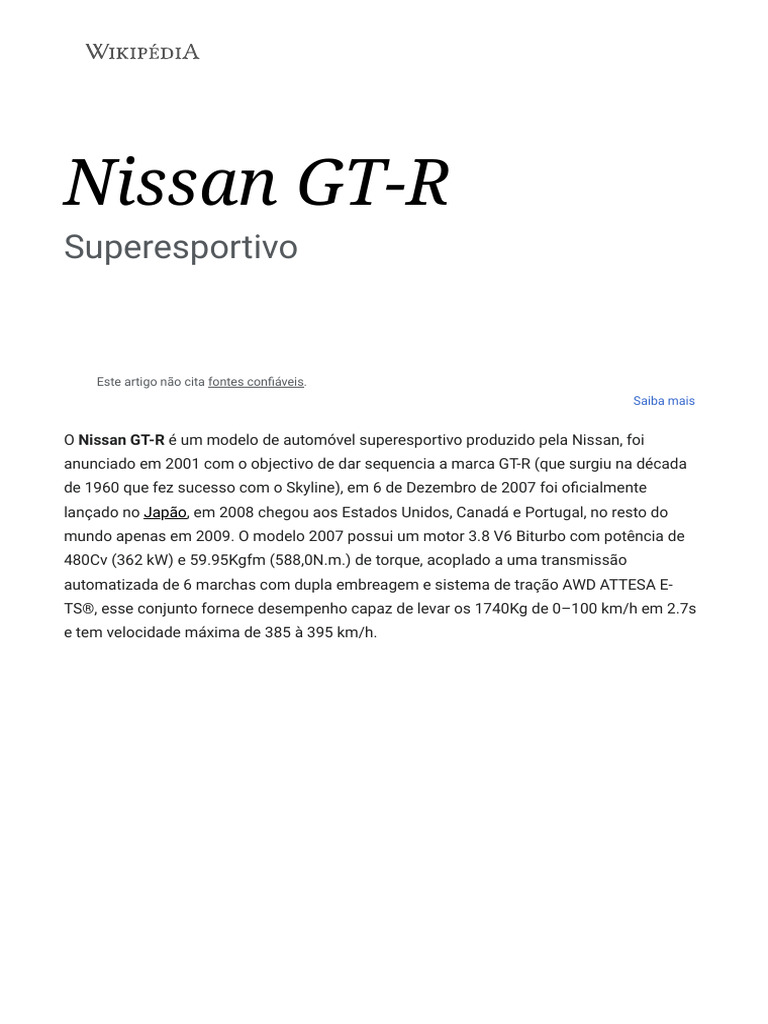 Nissan GT-R - Wikipédia, A Enciclopédia Livre | PDF | Fabricantes de ...