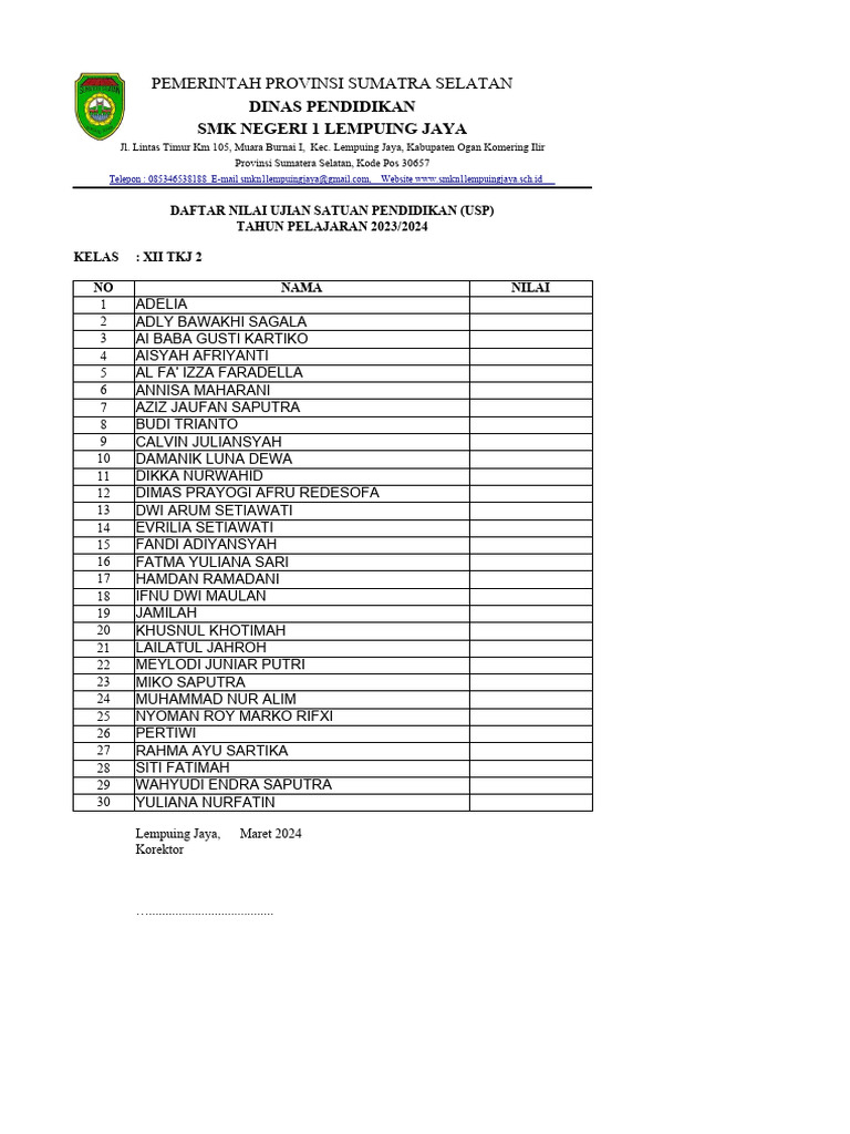 Daftar Nilai Usp Th. 2024 | PDF