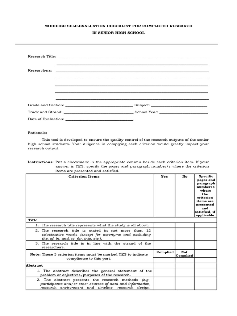 Modified Self Evaluation Checklist For Completed Research | PDF ...