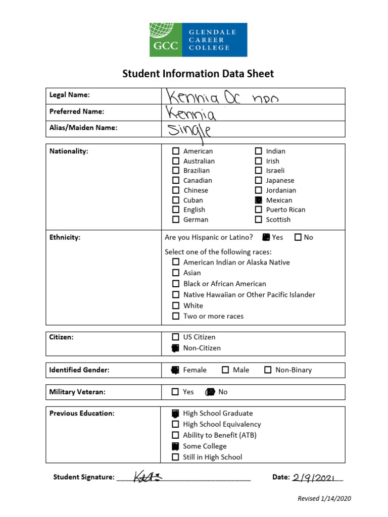 GCC Student Information Data Sheet v2 | PDF