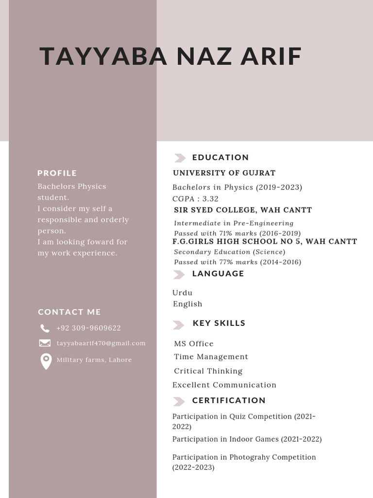 Tayyaba Naz Arif CV Resume | PDF