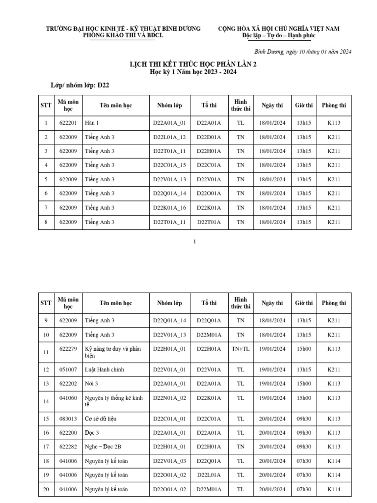 Lich Thi L2 - HK231 - D22 | PDF